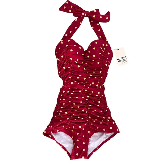Unique Vintage Swim Unique Vintage Ruched Mansfield Red Ivory Polka